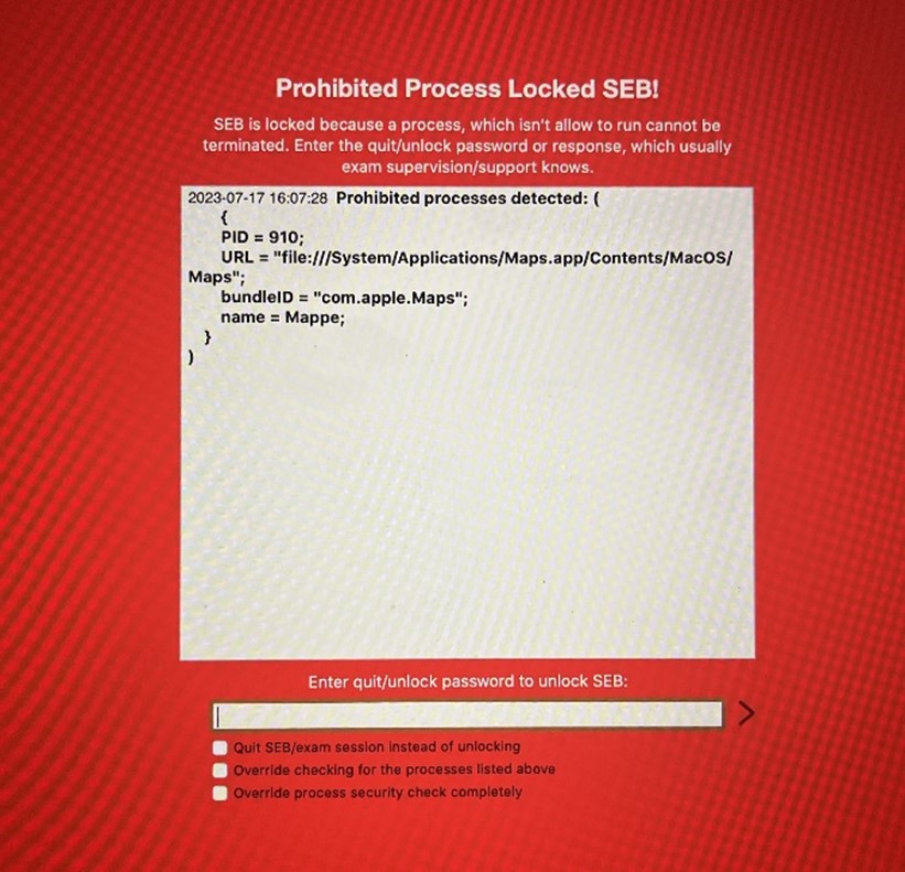 Mac OS - A red screen warns me that SEB is locked (‘Prohibited Process ...